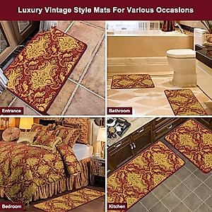 Loom and Mill Luxury Kitchen Rugs Set 2 Pieces, Non Skid Absorbent Chenille Memory Foam Kitchen Runner Rug Floor Mats, Comfort Standing Mat for Front of Sink,Machine Wash(Red,17.3"x47"+17.3”x29)