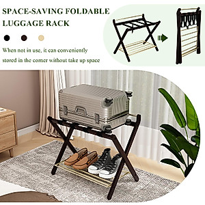 HLR Bamboo Luggage Rack for Guest Room, Folding Suitcase Stand with Metal Shelf&Back, Heavy Duty Luggage Holder for Bedroom, Living Room, Hotel, Espresso and Gold
