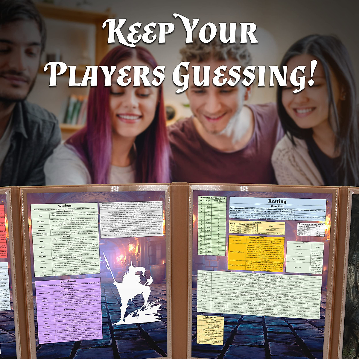 CASEMATIX DM Screen Faux Leather Embossed GM Screen - Four Panel Folding Dungeon Master Screen with Wet Erase Transparent Pockets and Compatible with Tabletop Roleplaying Games, Inserts Not Included