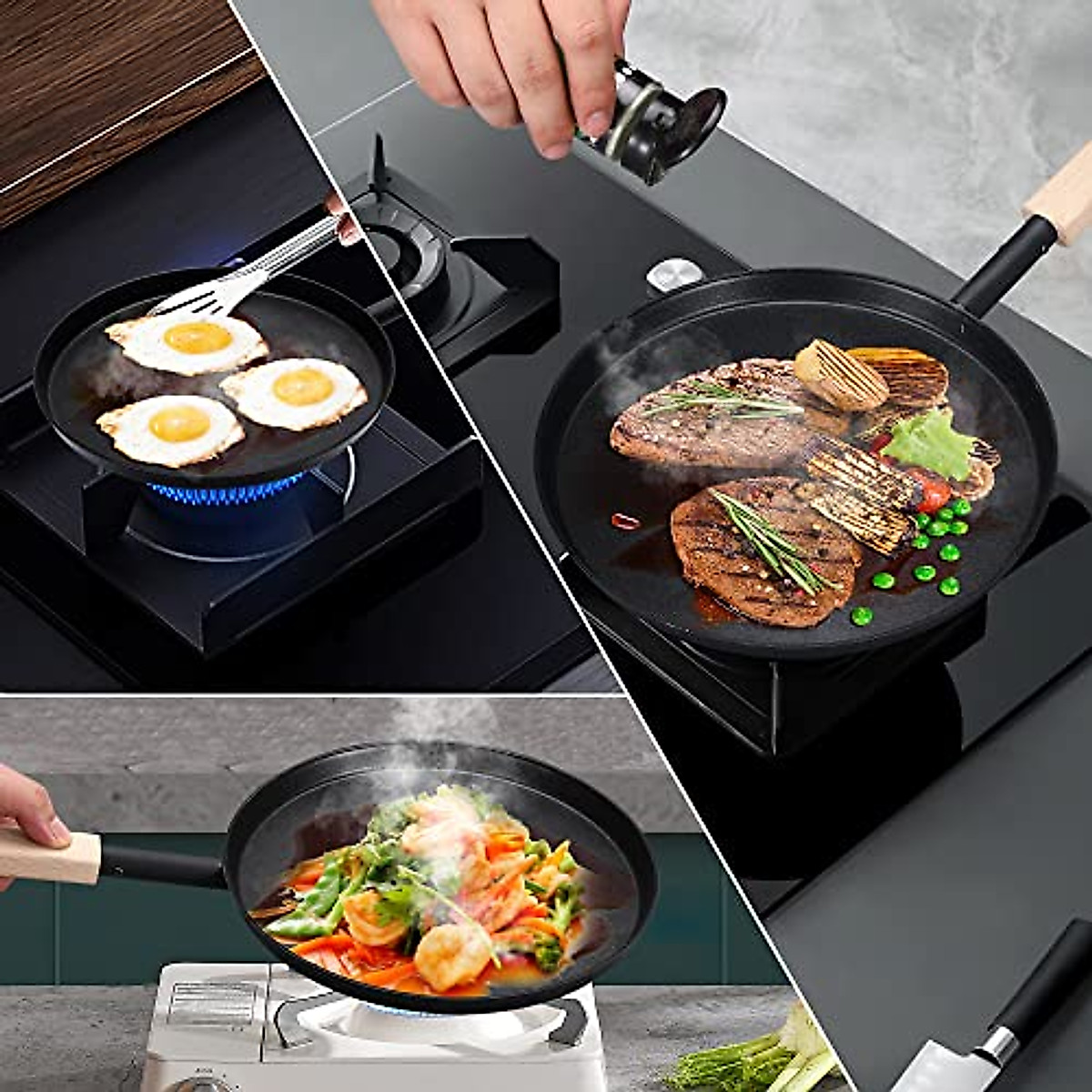 bodkar Frying Pan Skillet 8-inch Flat Crepe Pan, Lightweight Grill Pan with Wooden Handle for Camping Indoor Outdoor Cooking