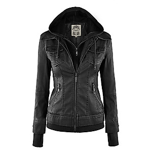 Made By Johnny MBJ WJC664 Womens Faux Leather Jacket with Hoodie M Black