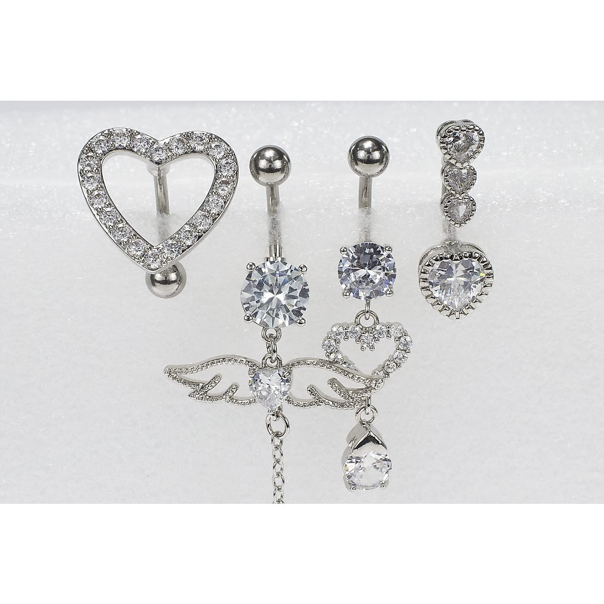 14G Surgical Steel Belly Button Rings Round/Love Heart Clear CZ Navel Curved Barbell Studs Sexy Body Piercing (4PCS - Steel - Style A)