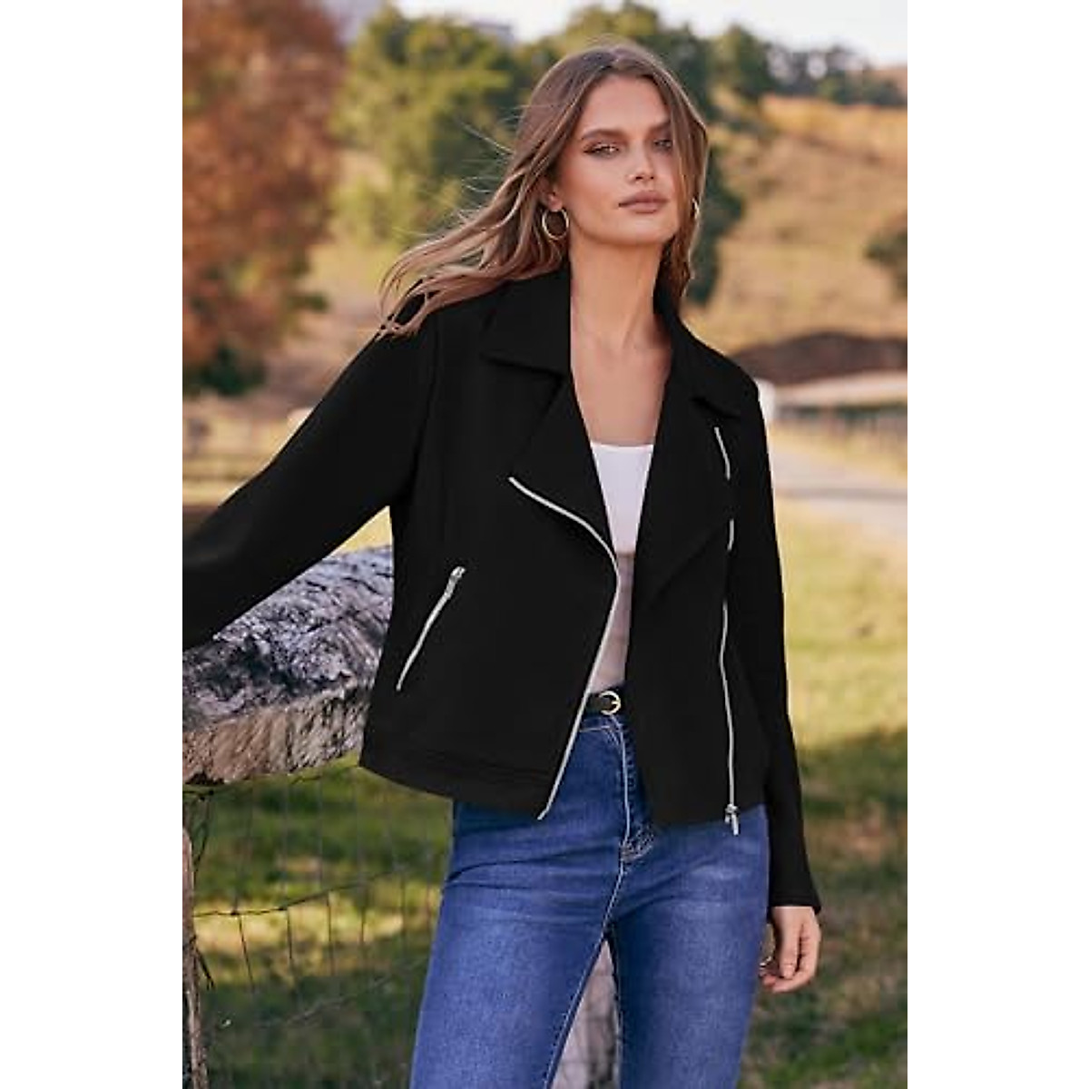 PRETTYGARDEN Women's Winter Faux Suede Moto Jacket Long Sleeve Zipper Pockets Short Coat Y2K Fashion Casual Outerwear (Black,Medium)