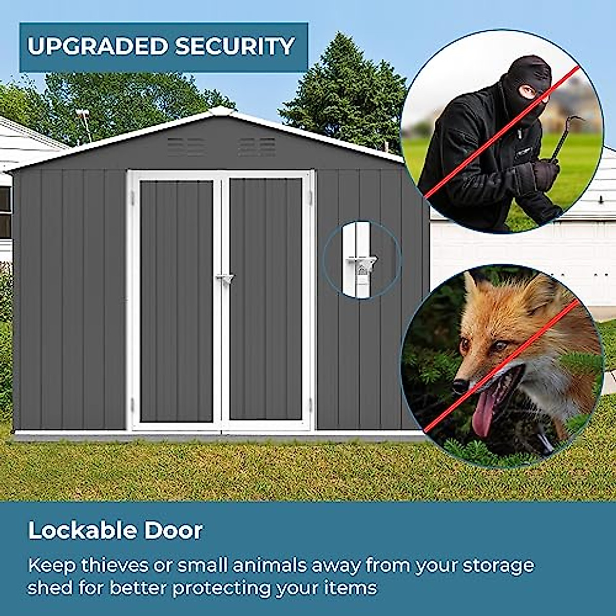 Zevemomo 8 x 6 ft Outdoor Storage Shed, All Weather Tool Shed with Metal Foundation & Lockable Doors, Metal Shed Outdoor Storage for Garden, Patio, Backyard, Lawn, Grey