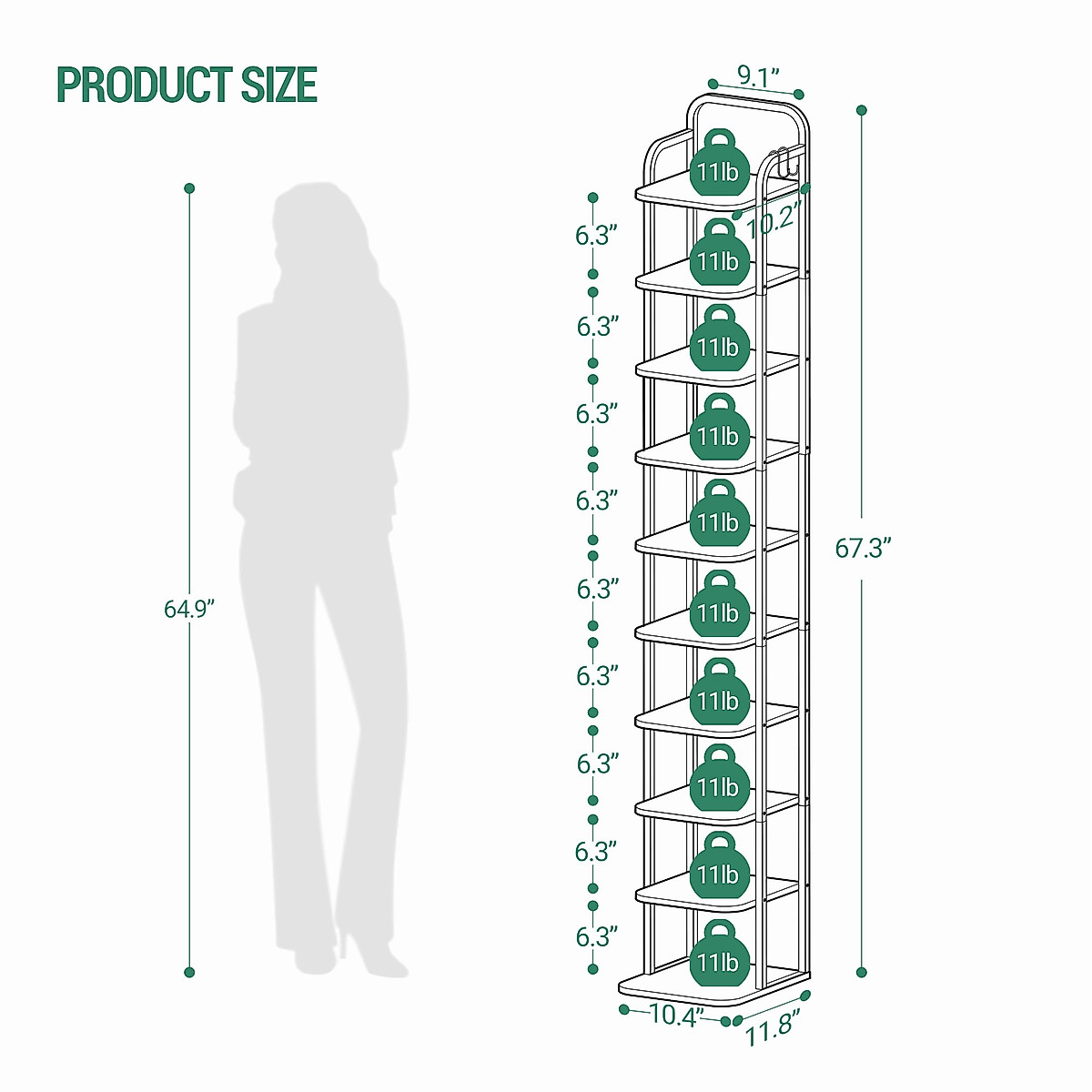Hzuaneri Vertical Shoe Rack, Shoe Shelves, Wood Shoe Organizer for Closet, Entryway, Shoe Tower for Small Spaces, Free Standing, Adjustable, with 2 Hooks, 10 Tier Rustic Brown SR11201B