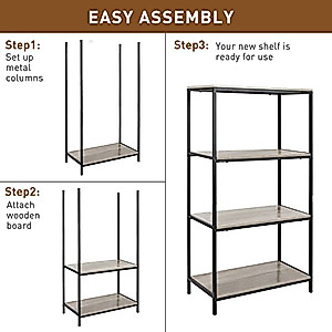 Acehome 4 Tier Bookshelf, 45" Tall Bookshelves and Bookcases, Industrial Bookcase Shelf Storage Organizer, Rustic Wood and Metal Standing Bookshelf for Living Room, Bedroom and Home Office, Grey
