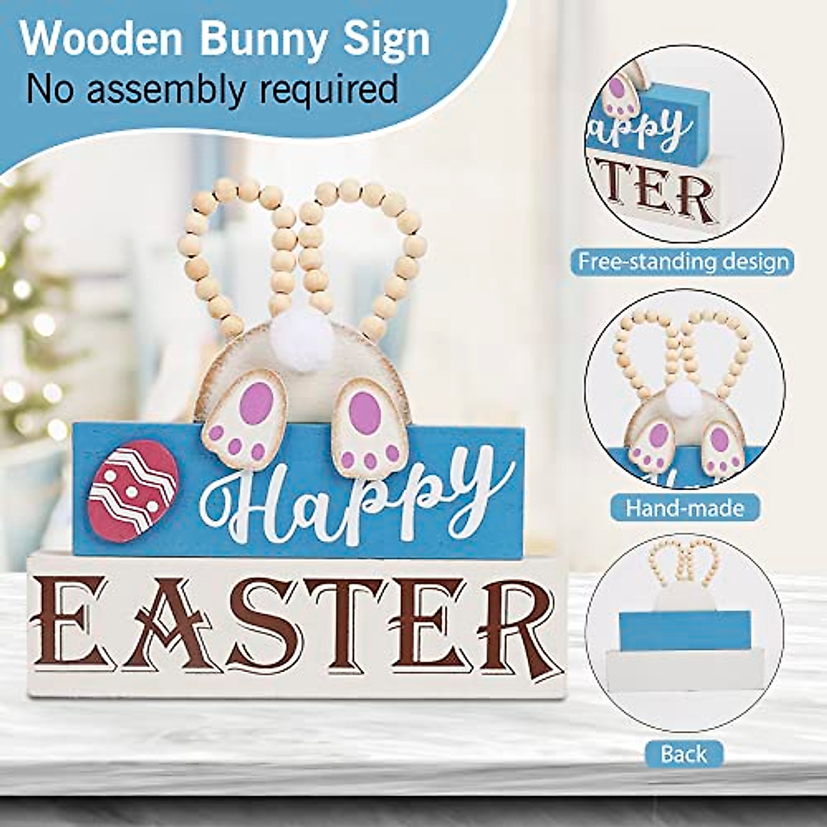 OYATON Easter Decorations for the Home - Rustic Spring Happy Easter Bunny Wood Sign Block with Egg and Wooden Beads Decor for Table, Mantle, Tiered Tray - Indoor Mini Easter Decor