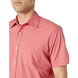 Amazon Essentials Men's Regular-Fit Short-Sleeve Poplin Shirt, Coral Orange/White, Dots, Large