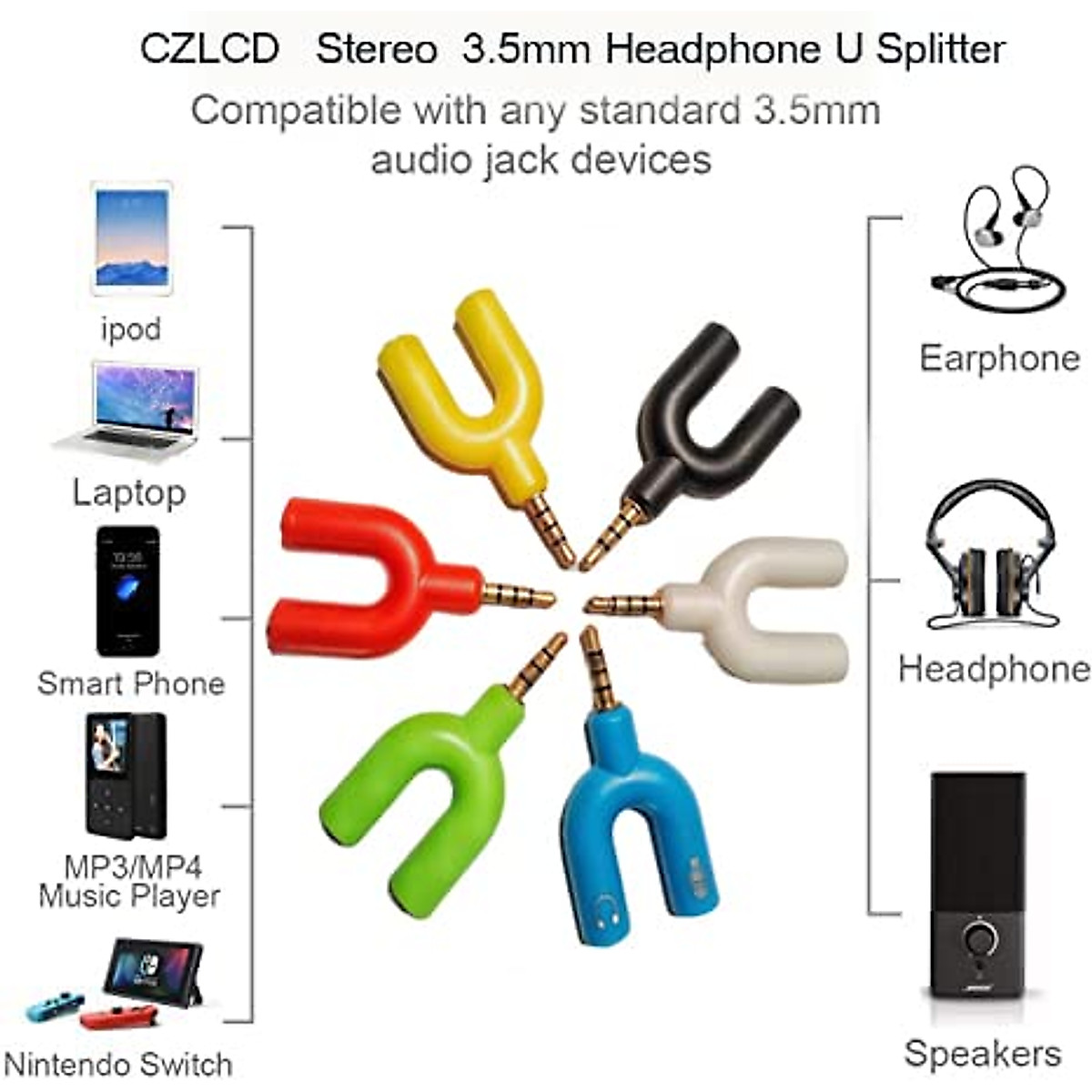 CZLCD 6Pack Multicolour 3.5mm Headphone U Splitter, 3.5mm Male to Dual Female Stereo Jack Adapter Converter for Audio Stereo Headphones and MIC