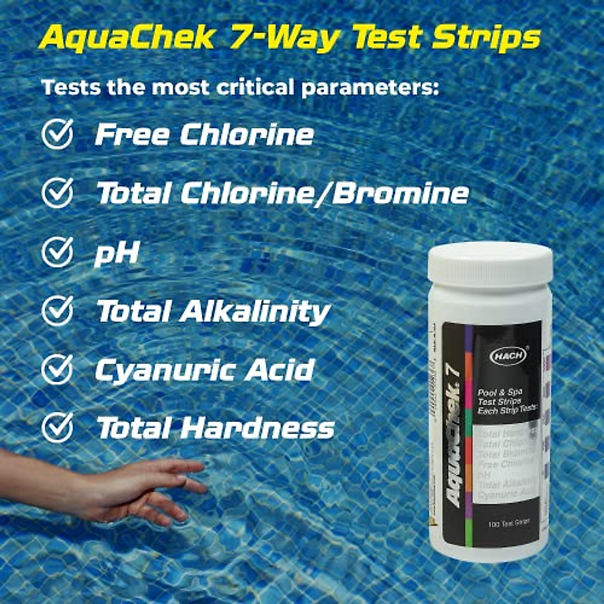 AquaChek 7-Way Pool and Spa Test Strips - Silver Pool Test Strips For pH, Total Chlorine, Free Chlorine, Bromine, Alkalinity, Total Hardness, and Cyanuric Acid - Water Quality Testing Kit (100 Strips)