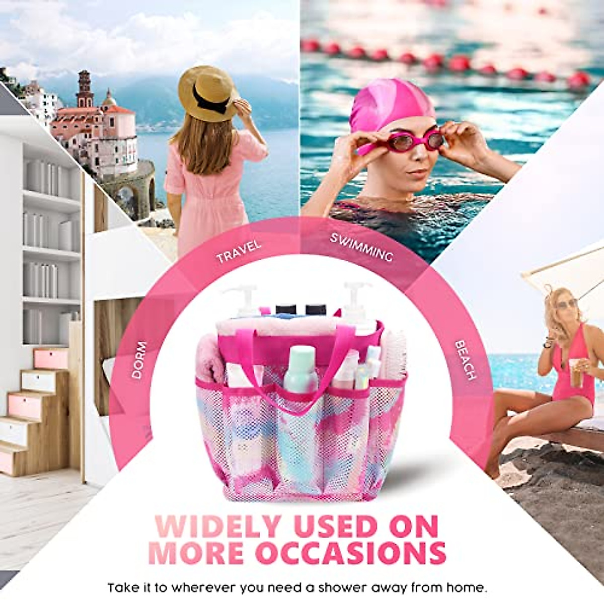 Mesh Shower Bag for Dorm Room - 9” x 9” x 9.5” Toiletry Shower Caddy for Women Students Tie Dyed Pattern Shower Tote Large Capacity Portable with 8 Pocket for Gym College Bathroom Beach Essentials