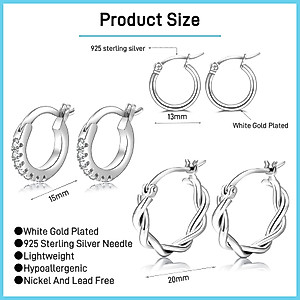 PABBEU Sterling Silver Hoop Earrings for Women S925 Small Silver Hoop Earrings Tiny Hypoallergenic Silver Small Hoop Earrings Set for Women Men 13/15 /20mm
