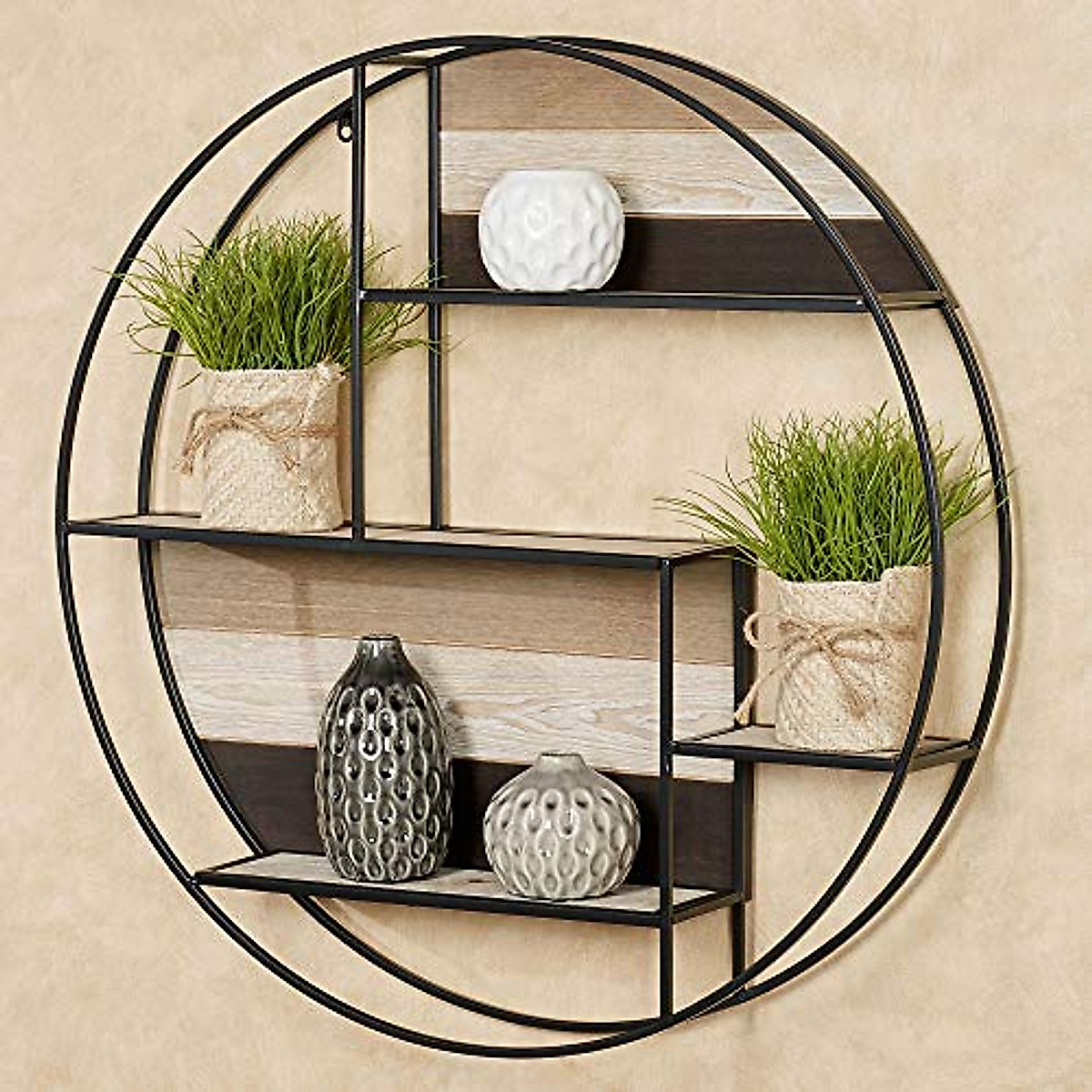 Touch of Class Delray Urban Floating Circle Wall Shelf - Black - Metal Framework - Decorative Shelving Decor for Bedroom, Living Room - Wooden Plank Accent - Round Openwork Display Area