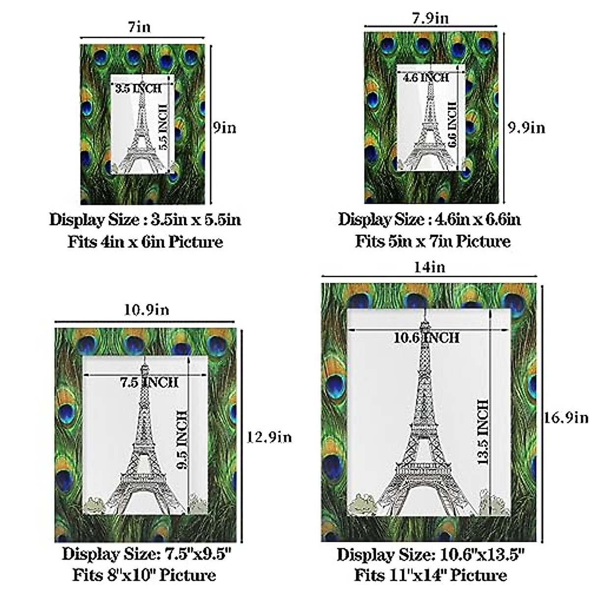 Peacock Feather 8x10 Picture Frame, Peacock Feather Wooden Photo Frame for Wall Mounting or Tabletop Living Room Bedroom Home Decor