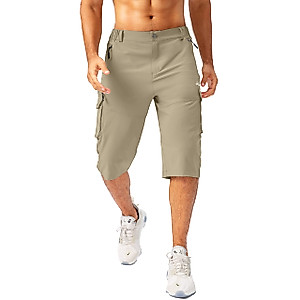 Pudolla Men's Capri Pants Quick Dry 3/4 Long Shorts with 6 Pockets for Workout Athletic Golf Hiking(Khaki Large)