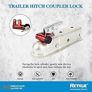 RETRUE Trailer Coupler Tongue Lock with Rubber Cap, Aluminum Alloy Trailer Hitch Lock,Dia 1/4 Inch, 7/10 Inch Span for Tow Boat RV Truck Car's Coupler Easy Lock, Red