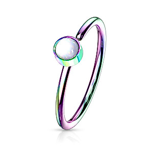 Amelia Fashion 20 Gauge Single Illuminating Stone Set Bendable Nose Hoop Ring 316L Surgical Steel (Choose Color) (Rainbow/Clear)
