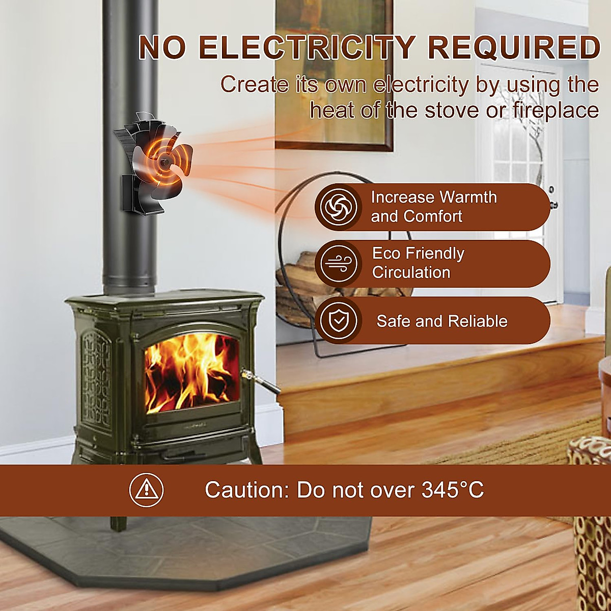 VODA 3-in-1 Stove Fan with Magnet, Heat Powered Fan with Adjustable Band- 4 Blades Woodburner Fan for Wood Stove/Fireplace/Stove Pipe, Wood Burning Stove Top Fire Fan