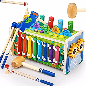 WEELIKEE 8-in-1 Wooden Hammering Pounding Toys for 1 2 3 4 Year Old Boys and Girls, Wooden Montessori Toys for Babies, Whack a Mole Game with Xylophone and Fishing Game Toddler Activities Gift