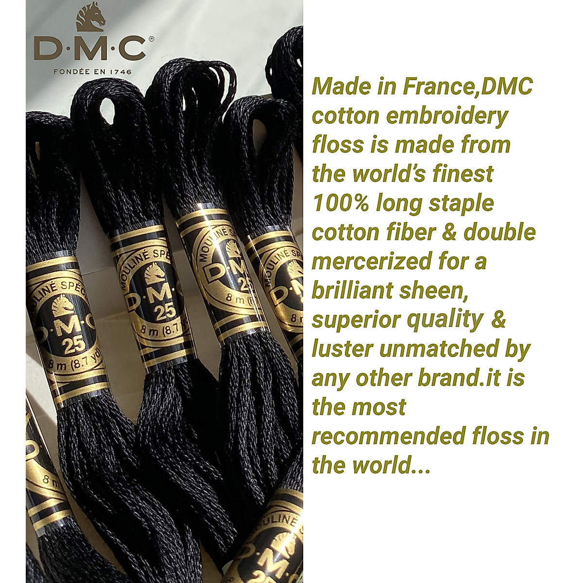 Charming Melodie Black Embroidery Floss, 6 Strand Cotton Yarn, 12/Pack, Includes Black-Brown #3371, Hand Needles, Cross Stitch