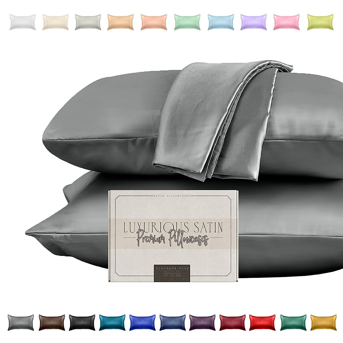 Elegant Comfort Silky and Luxurious 2-Piece Satin Pillowcase Set for Healthier Skin and Hair, Hidden Zipper Closure and Beautifully Packaged, Satin Pillowcase Set, Standard/Queen, Gray