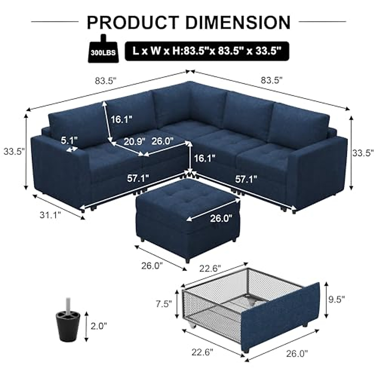 Belffin Oversized Modular Sectional Sofa Fabric L Shape Pull Out Couch with Ottoman Sleeper Sectional Couch with Chaise and Storage Sectional Set 6 Seater Sofa Reversible Sofa for Living Room Blue