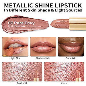 Oulac Nude Lipstick for Women with Metallic 3D Shine Lightweight Hydrating Formula, High Impact Lip Color, Vegan Beauty, Full Coverage Lip Makeup, Pure Envy(07)