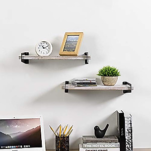 MyGift 16-inch Whitewashed Wood Floating Shelves with Black Metal Brackets, Wall Mounted Display Shelf, Set of 2