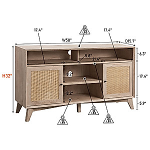 OKD TV Stand for 65+ Inch TV, 32'' Tall Highboy Entertainment Center, Mid Century Modern Media TV Console with Natural Rattan Door, Adjustable Shelves, Boho Television Stand, Oak