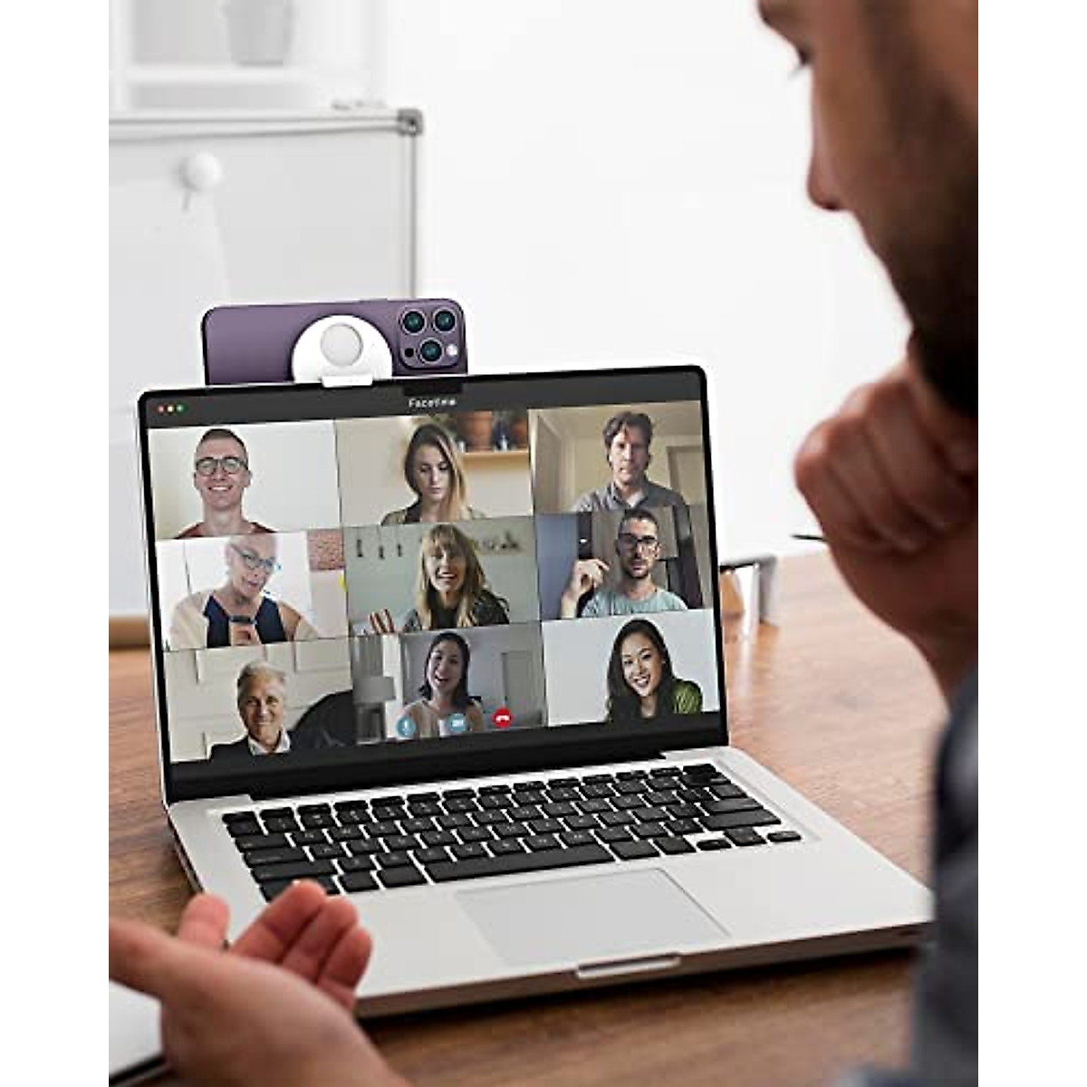 SODI iPhone Continuity Camera Mount - iPhone Camera Mount Compatible with MagSafe for iPhone 14/13/12, iPhone Webcam Mount for MacBook macOS Ventura, Desk View Support iPhone Monitor Loop Mount, White