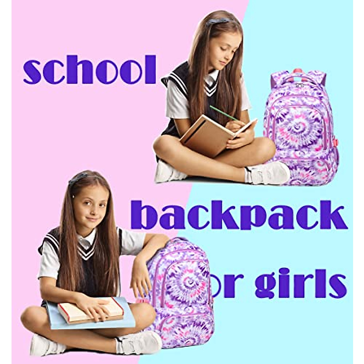 BLUEFAIRY Kids Backpack for Girls Elementary Primary Middle School Bags for Teens Childs Tie Dye Bookbags Cute Durable Travel Gifts Morrales Mochilas para Niñas de 4 5 6 7 8 9 Nños 17 Inch (Purple)