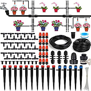 Drip Irrigation Kit, 100FT + 16FT Automatic Atomization Micro Spray Watering System with 1/4 and 1/2 inch Blank Distribution Tubing Hose,Adjustable Nozzle Emitters for Greenhouse Garden Flower Bed Patio Lawn