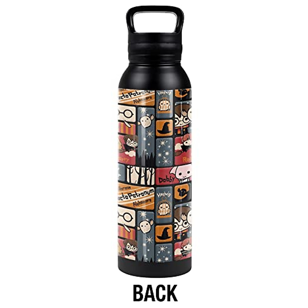 Harry Potter OFFICIAL Cute Chibi Pattern 24 oz Insulated Canteen Water Bottle, Leak Resistant, Vacuum Insulated Stainless Steel with Loop Cap, Black