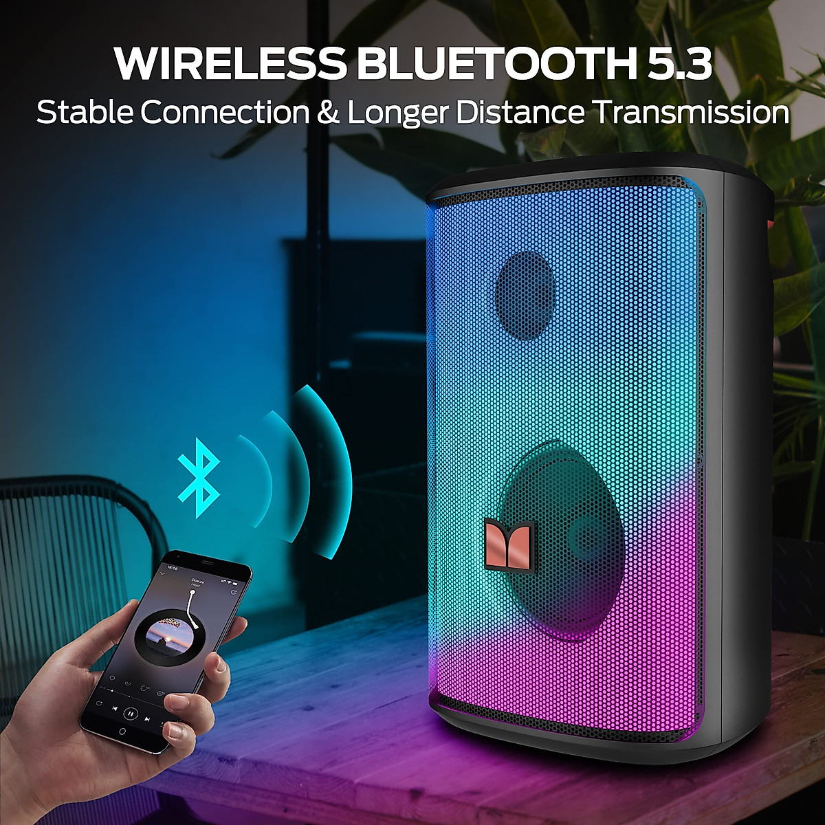 80W Monster Sparkle Bluetooth Speaker with Colorful Lights, 24H Playtime, Waterproof - For Home, Outdoor Parties