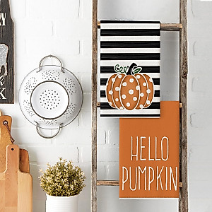 Artoid Mode Orange Polka Dot Stripes Hello Pumpkin Fall Kitchen Towels Dish Towels, 18x26 Inch Farmhouse Decoration Hand Towels Set of 2