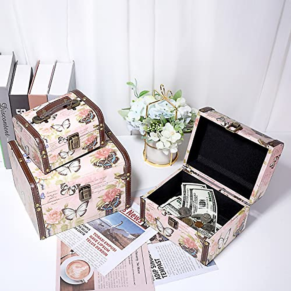 ELLDOO Set of 3 Butterfly Treasure Chest Box, Wooden + PU Leather Storage Decorative Box for Jewelry Trinkets, Keepsakes box for Girls Women Gifts