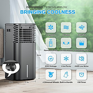 Windowless Portable Air Conditioner, 15H Timer & 120°Oscillation, 3-IN-1 Portable AC Unit with Remote, 2-Gal Tank, 3 Modes & 3 Speeds, Ultra-Quiet 24" Ventless Swamp Cooler for Room Home Office