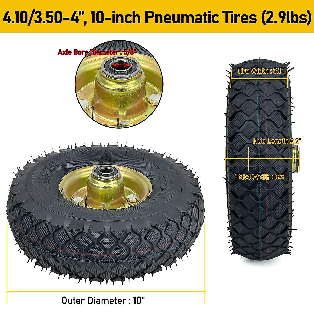 Sutekus 10" Replacement Tires 4.10/3.50-4” Air Tires Rubber Wheels With 5/8" Axle Bore Hole for Carts, Scooter, Hand Trucks, 2Pack