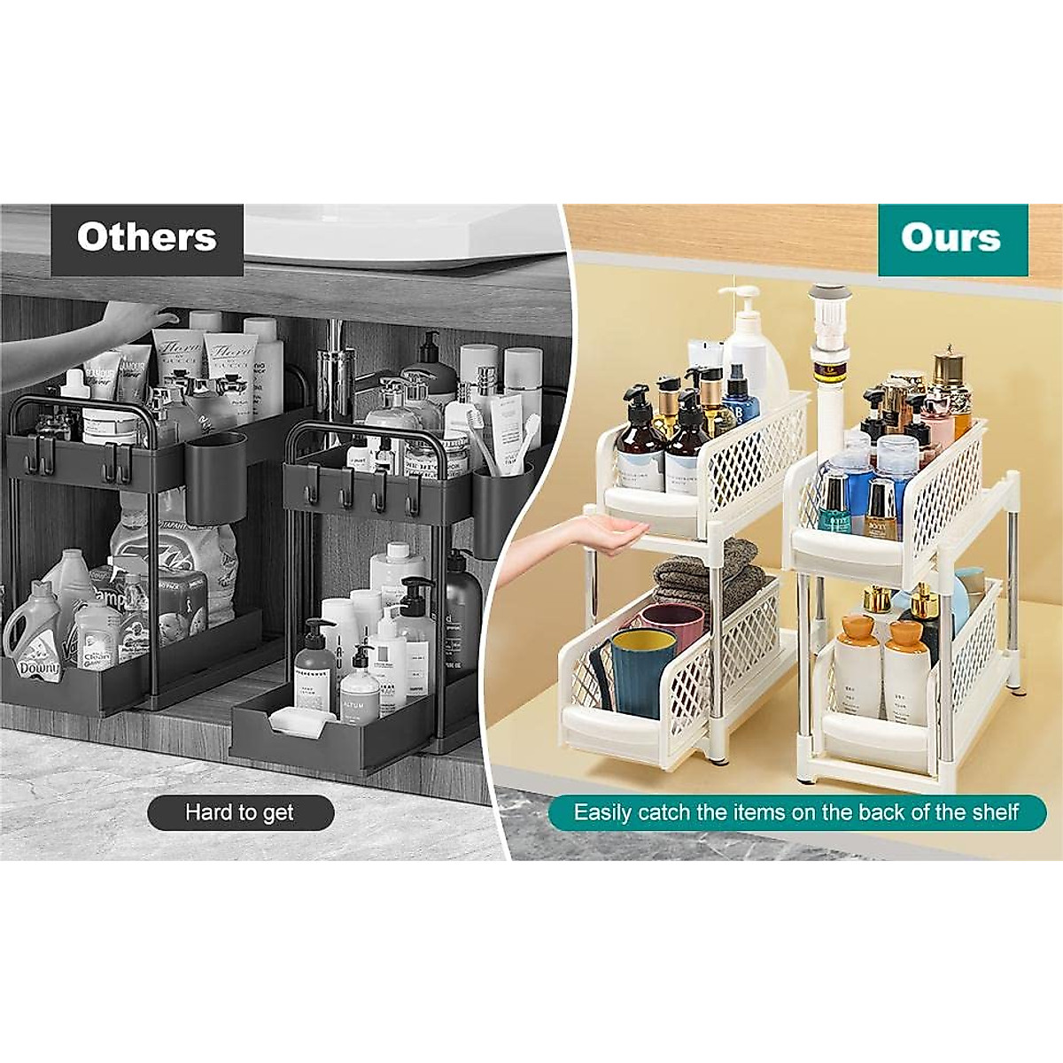 hoyiolad Under Sink Organizers and Storage,2 Tier Easy Access Sliding Drawer Bathroom Organizer,Multi-purpose Under Sink Organizer,Bathroom Counter Organizer,Kitchen Organization and Storage,White