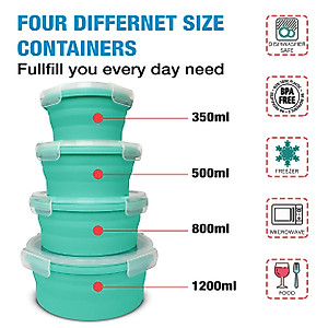 Silicone Collapsible Food Storage Container with Airtight Lid and Air Vent 4 Pack Foldable Meal Prep Round Lunch Box for Kitchen,Stackable, Space Saving,Microwave,Dishwasher and Freezer Safe (Blue)