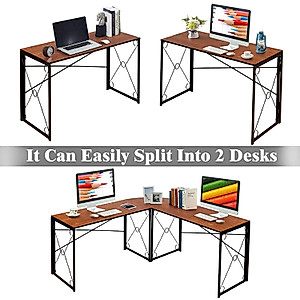 VECELO L Shaped Computer Corner Desk, 59’’x59’’ Large Industrial Home Office Workstation, Multi-Usage Long 2 Person Table, Easy Assembly/Saving Space, Steel Frame&Wooden Grain, Brown
