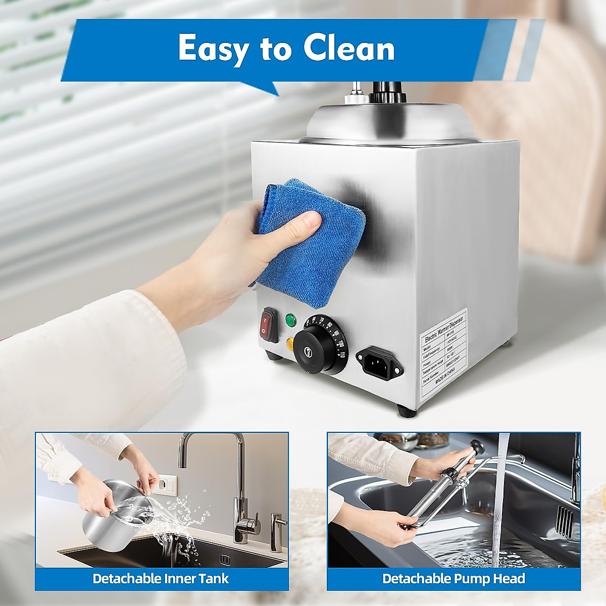 Cheese Warmer with Pump, 2.6Qt Nacho Cheese Warmer, 650W Hot Fudge Warmer with Pump 30-110℃ Temp Adjustable, Stainless Steel Hot Cheese Dispenser for Salad Jam Seasoning Sauce