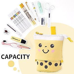ANGOOBABY Cute Pencil Case Standing Pen Holder Telescopic Makeup Pouch Pop Up Cosmetics Bag with Kawaii Smile Face Stationery case Office Organizer Box for Girls Students Women Adult (Yellow)