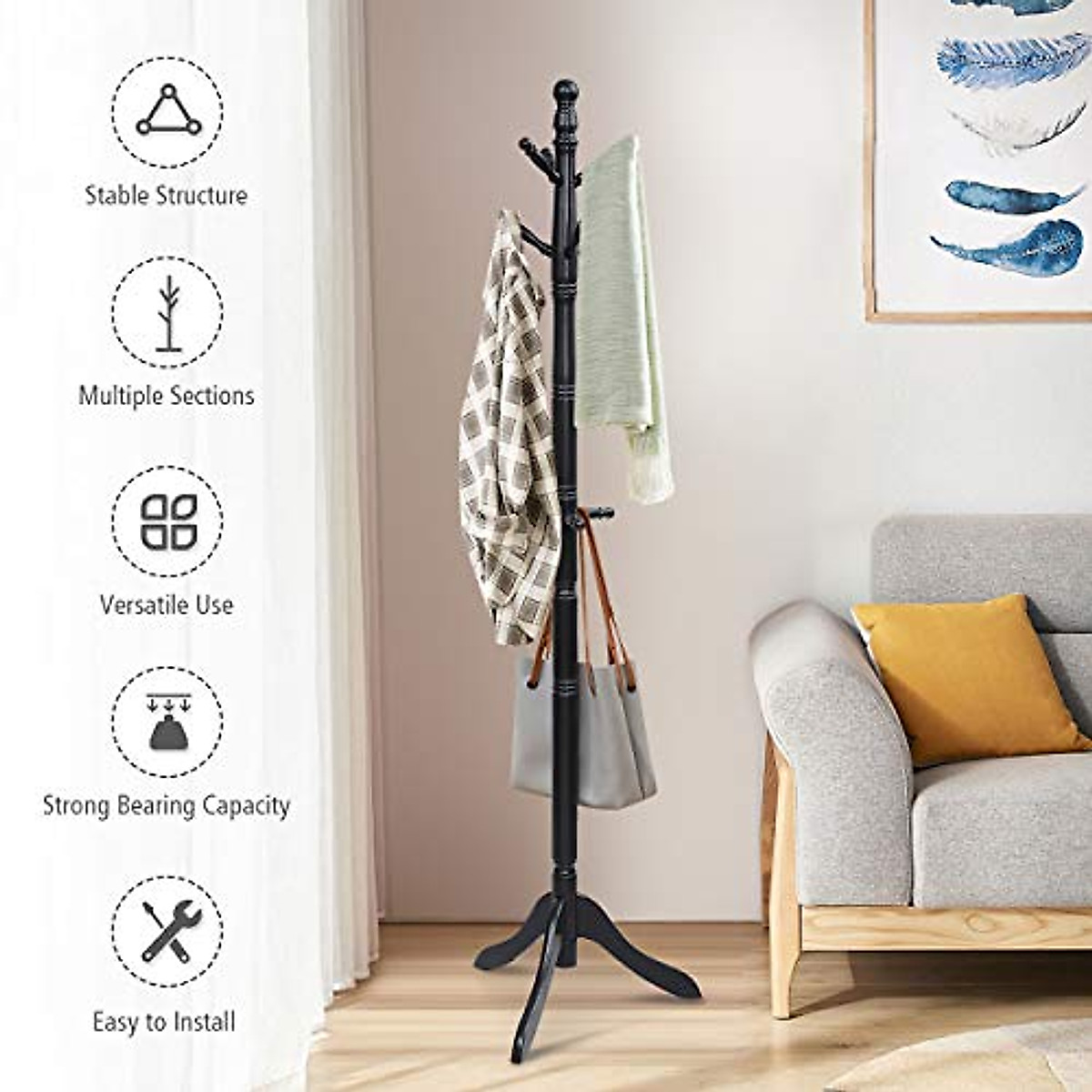 Tangkula Wood Coat Rack Freestanding, Entryway Height Adjustable Coat Stand with 9 Hooks & Stable Tri-Legged Base, Rubber Wood Coat Tree Hall Tree Coat Hanger Stand for Home Office Hall Entryway