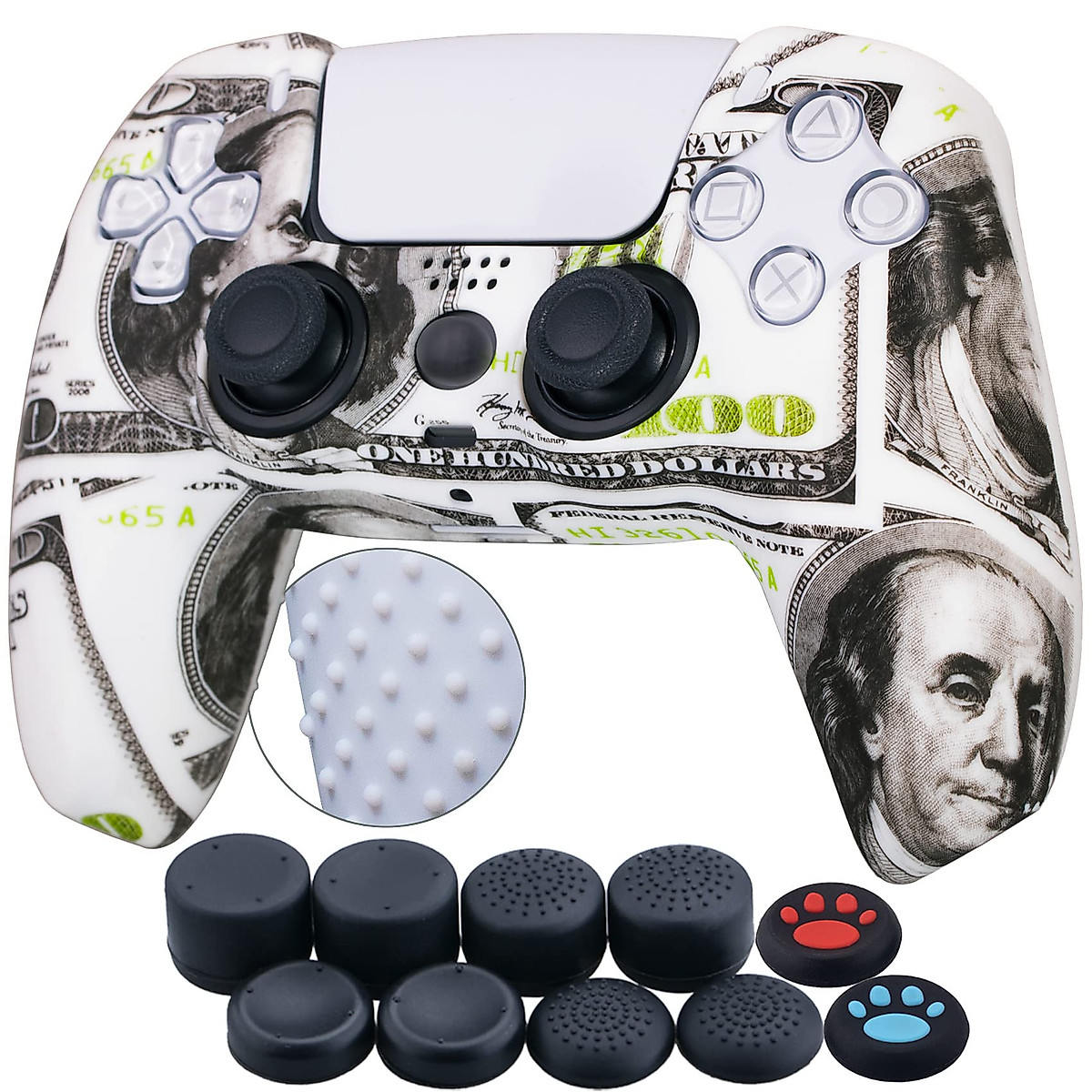 YoRHa Water Transfer Printing Silicone Thickened Cover Skin Case for PS5 Controller x 1(US Dollars) with Thumb Grips x 10