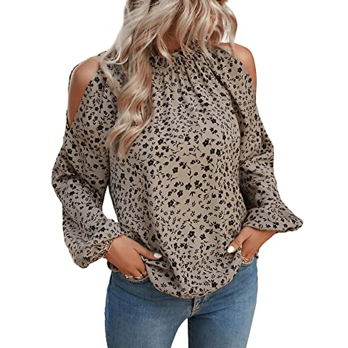 Verdusa Women's Cold Shoulder Bishop Sleeve Floral Print Blouse Shirt Top Khaki L