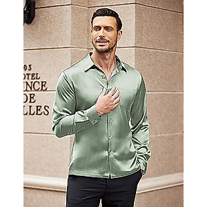 COOFANDY Button Down Shirts for Men Satin Silk Luxury Long Sleeve Shirt Party Wedding Prom (Light Green, Large)