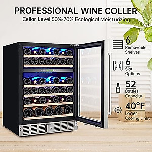 Garvee 52 Bottles Wine Fridge, Dual Zone Wine Cooler Refrigerator with 40～64°F Digital Temperature Control Compressor and Safety Lock, All Wood Removable Shelves, Stainless Steel Body, 4.8 Cu.Ft
