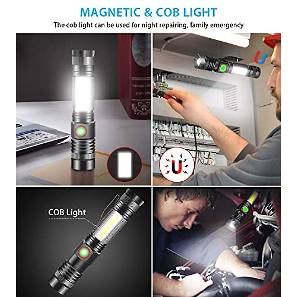 iToncs LED Rechargeable, 1000 Lumens Super Bright Magnetic Flashlight with COB Work Light, Waterproof, 4 Modes, Pocket Tactical Flashlights for Outdoor Camping Emergency 2 Pack No Battery