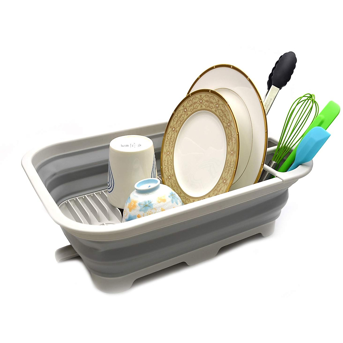 SAMMART 12L (3.17 Gallon) Collapsible Dish Drainer with Swivel spout - Foldable Drying Rack Set - Portable Dinnerware Organizer - Space Saving Kitchen Storage Tray (Grey)